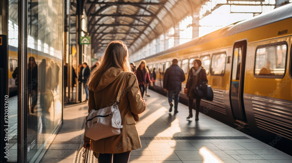 Professional, white female commuter in elegant trench coat waits at ...