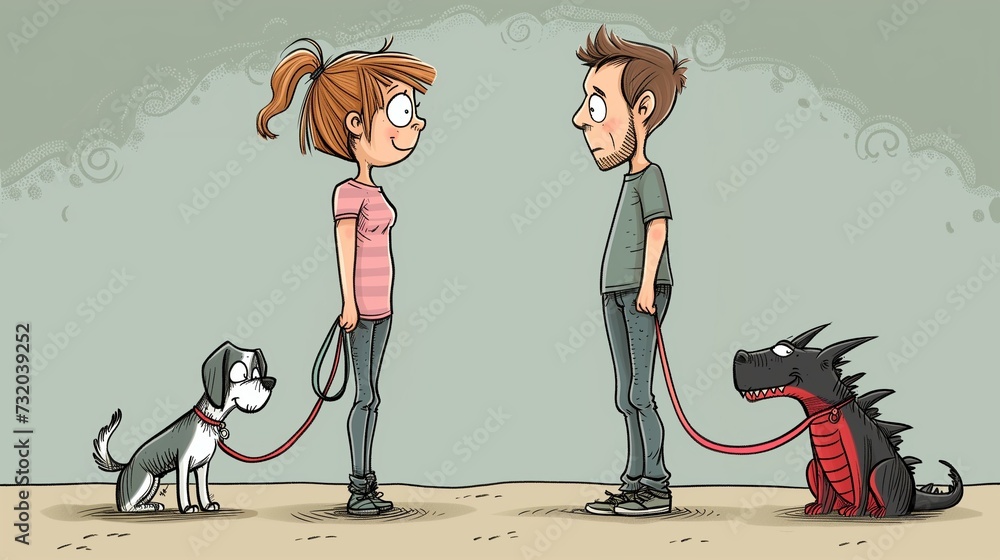 Cute comic drawing of two people keeping their pets in leash, the woman ...
