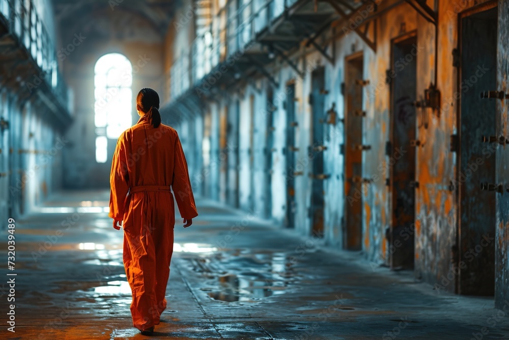 Back view of a woman in an orange prisoner's uniform walks trough the ...