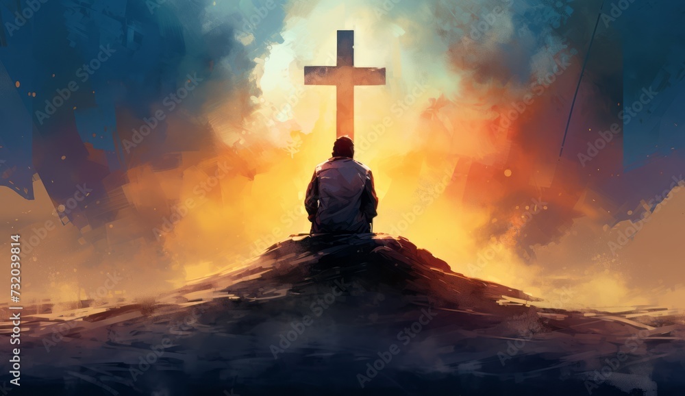 Man kneeling, sitting down before a cross. Holy cross symbolizing the ...