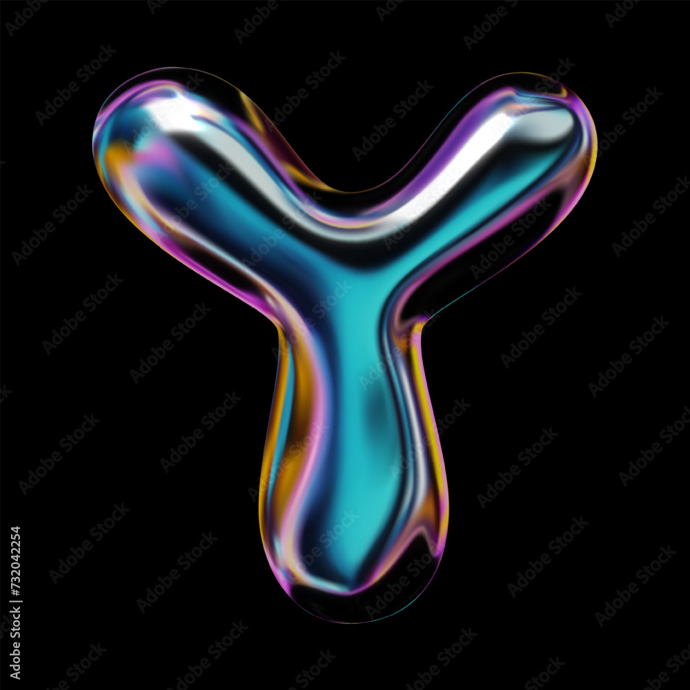 3D letter Y in Y2K style font, balloon bubble shape with liquid metal ...