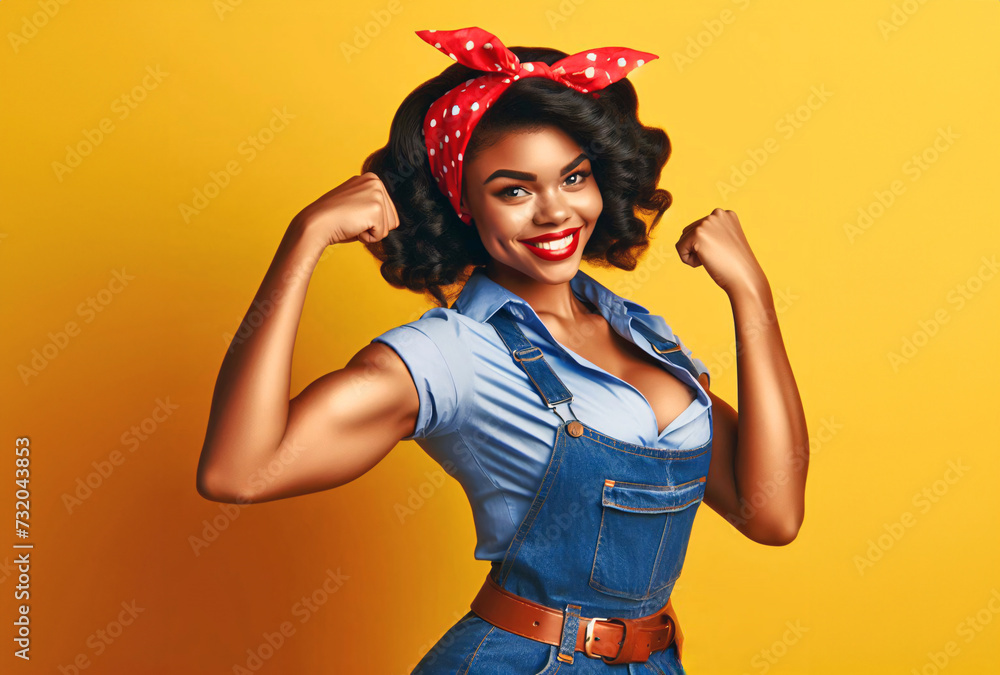 African American pin-up model dressed as WW2 icon Rosie the Riveter ...