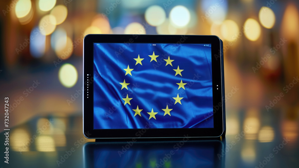 tablet displaying the European Union flag and data analytics ...
