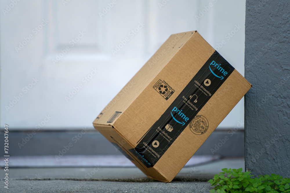 Amazon Prime package box with purchased online products delivered in ...
