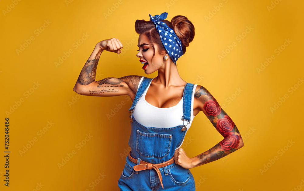 Proud Hispanic pinup model with tattoos dressed as Rosie the Riveter ...