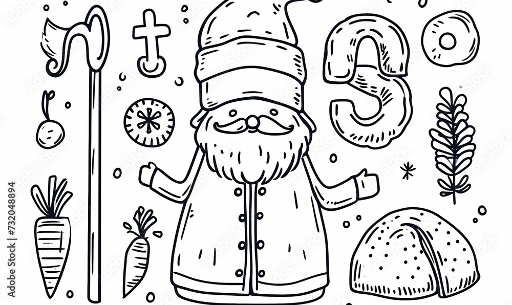 Saint Nicholas of Sinterklaas doodle outline clip art set. St Nick ...