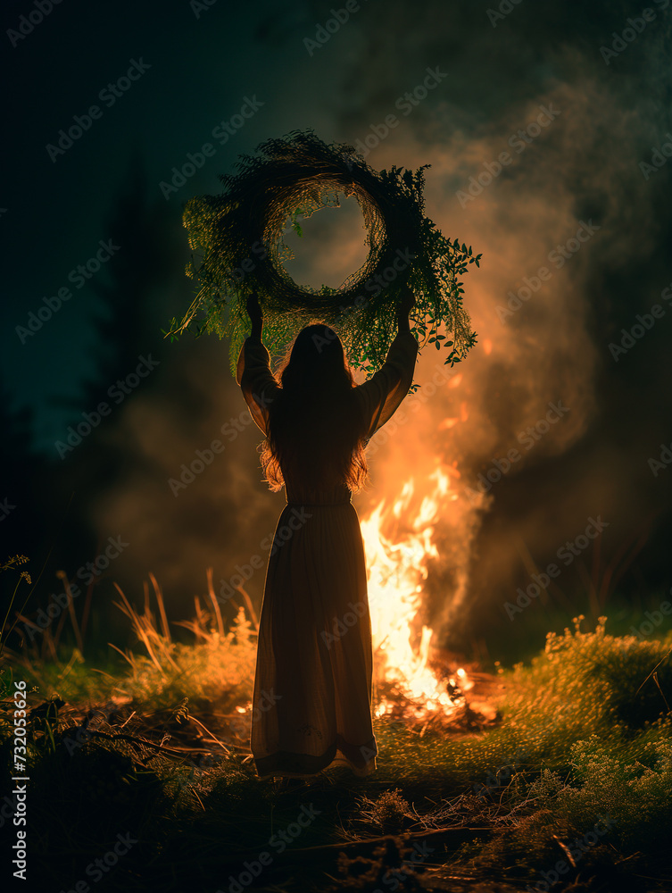 The pagan festival of Beltane. A girl with a wreath in front of a fire ...