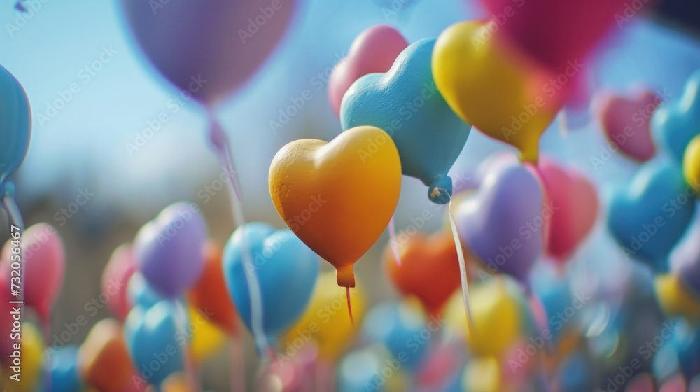 a bunch of balloons that are in the air with a blue sky in the back ...