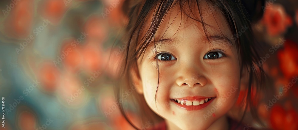 The happy toddler is looking at the camera with a smile, showing off ...