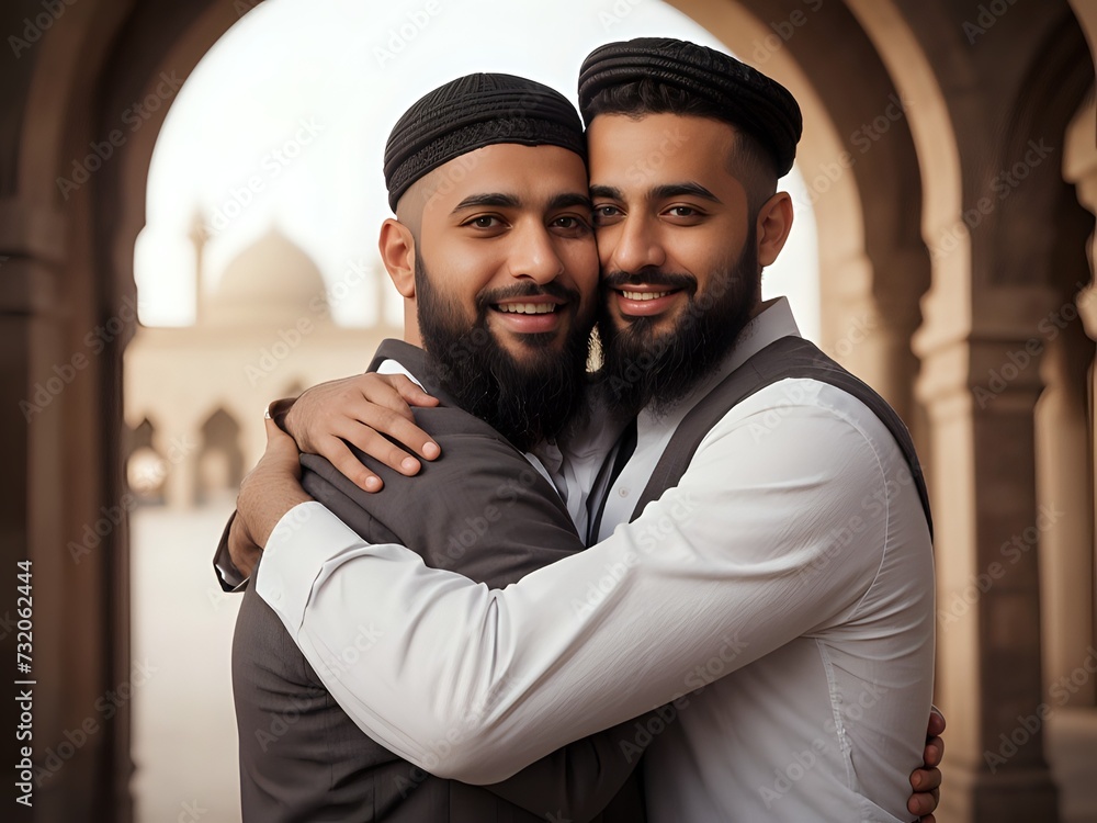 Muslim Men Embracing Each Other on the day of Eid. A Heartfelt Hug ...