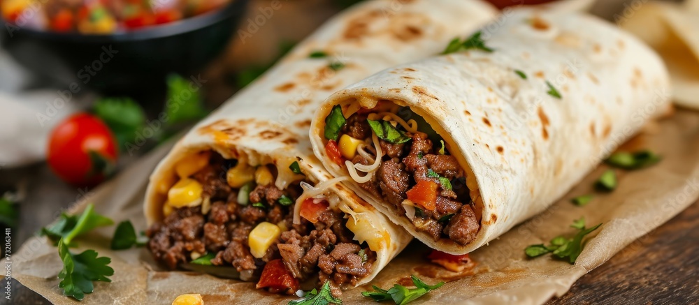 Two burritos, a type of fast food, are placed on a wooden cutting board ...