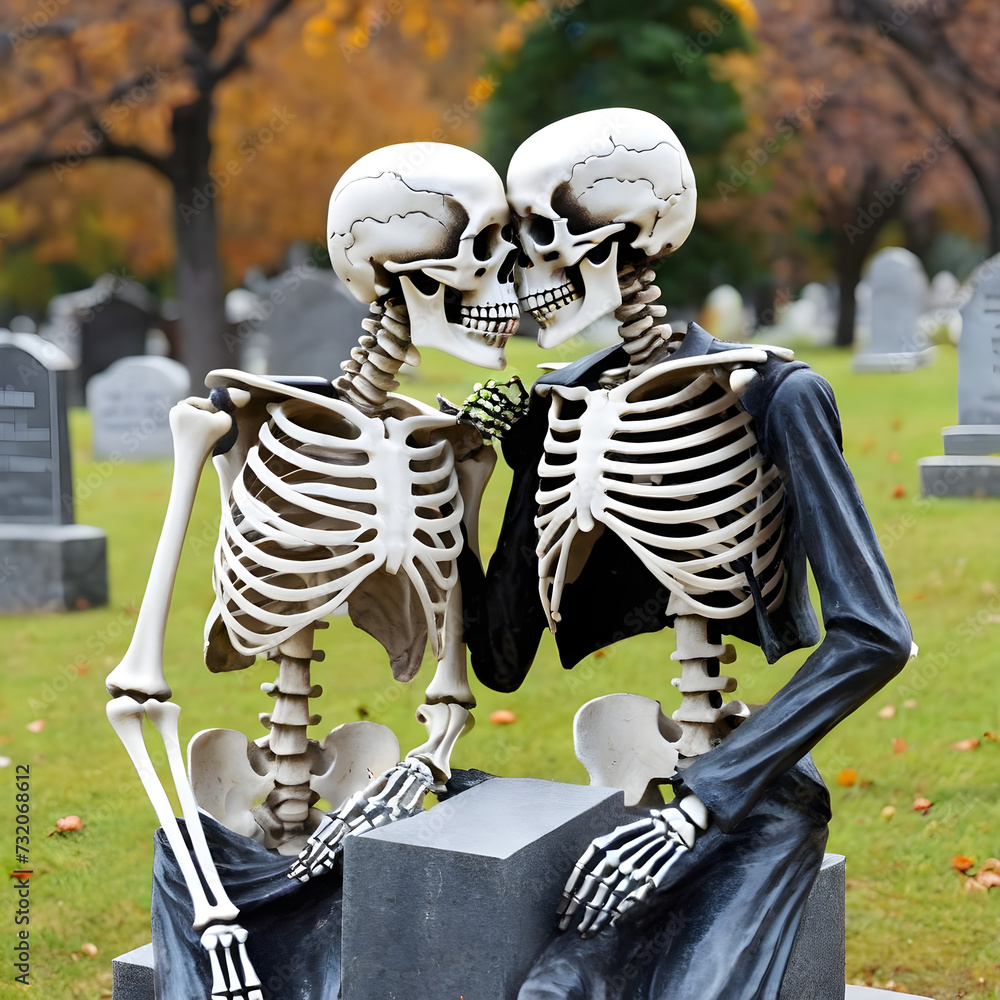 In a serene and sunlit cemetery, beneath the gnarled branches of an old ...