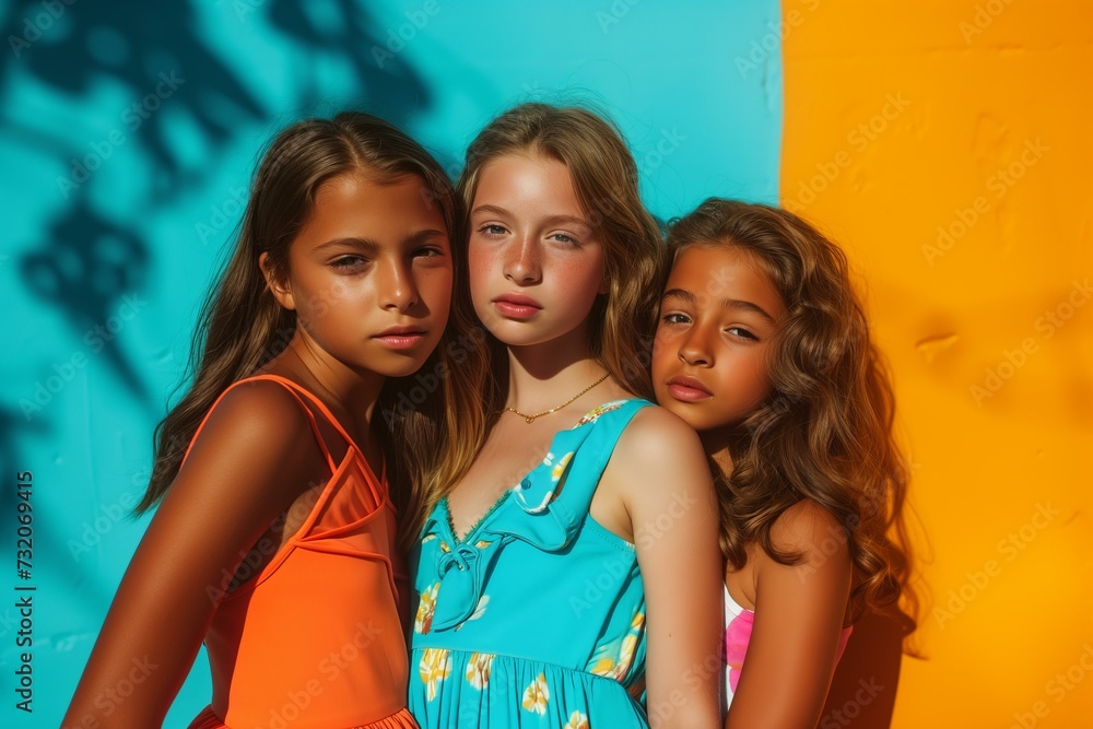 diverse three ten year old girls wearing modern vibrant color clothes ...