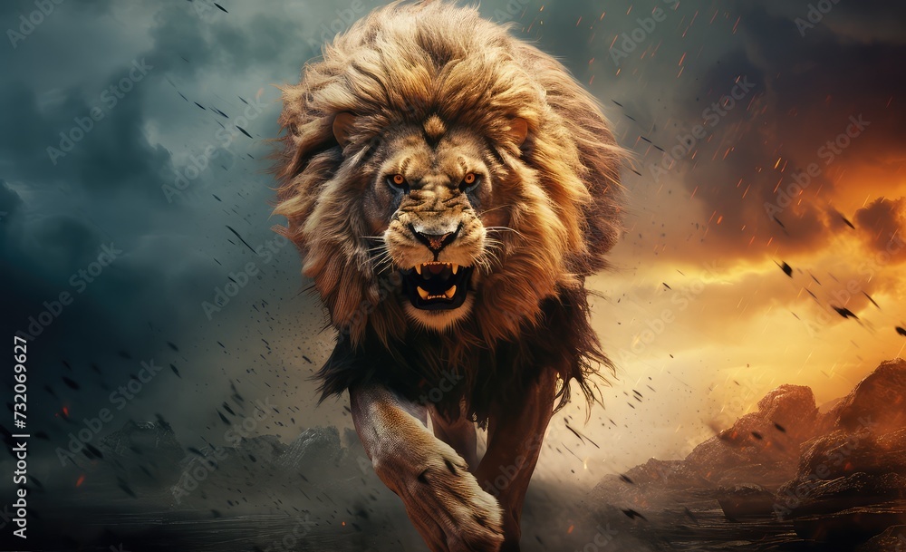 Cybermystic Steampunk Lion: A Majestic Beast Running Through a Storm in ...
