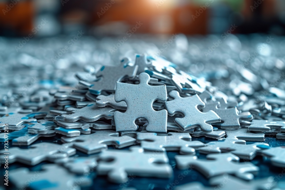 Foto de A scattered jigsaw puzzle forms a chaotic pile, a challenging ...