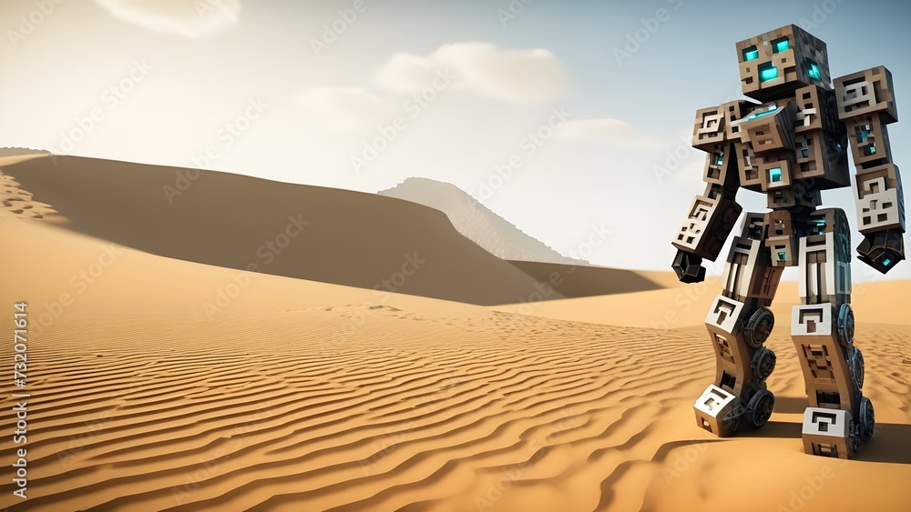 Illustration of creepy minecraft, voxel robot In desert Digital Art ...