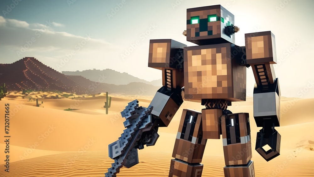 Illustration of creepy minecraft, voxel robot In desert Digital Art ...