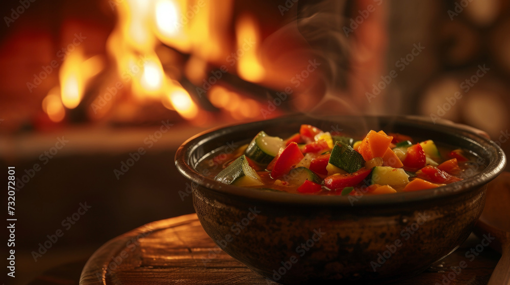 In this inviting image a bowl of steaming veggie soup is nestled in ...