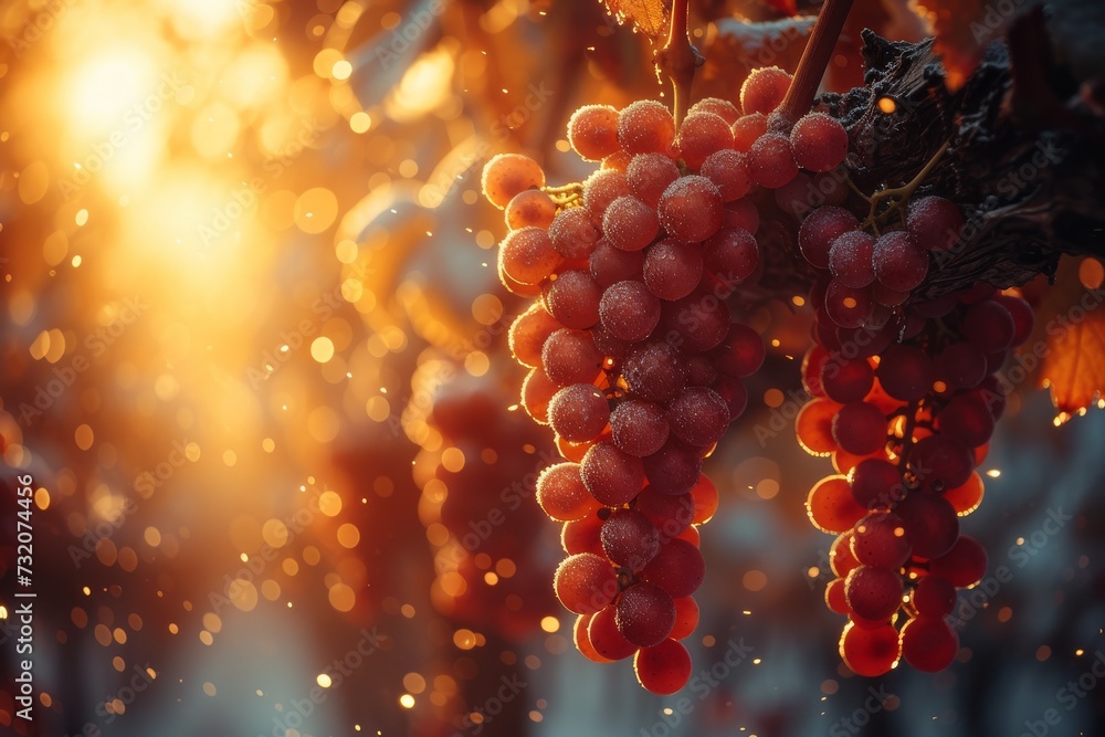 A vibrant cluster of plump, seedless grapes hang from a sprawling vine ...