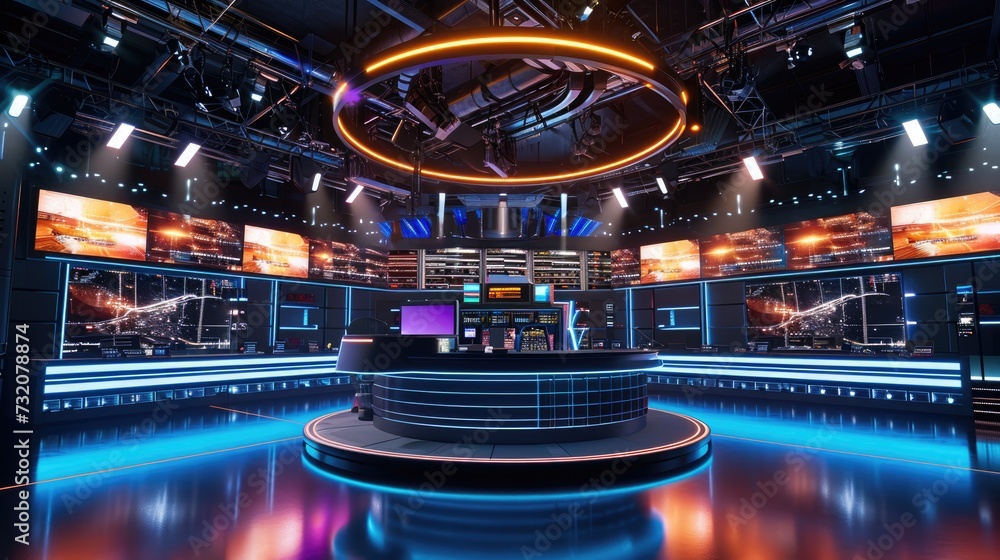 An advanced TV studio set illuminated by striking orange and blue neon ...