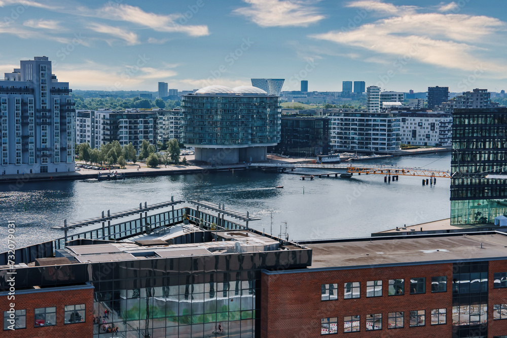 Panoramic cityscape with repurposed redbrick buildings in the ...