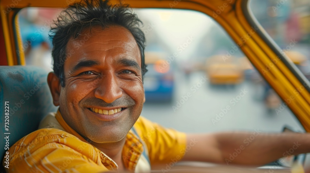 Engaging background with a friendly taxi driver, drawing viewers into ...