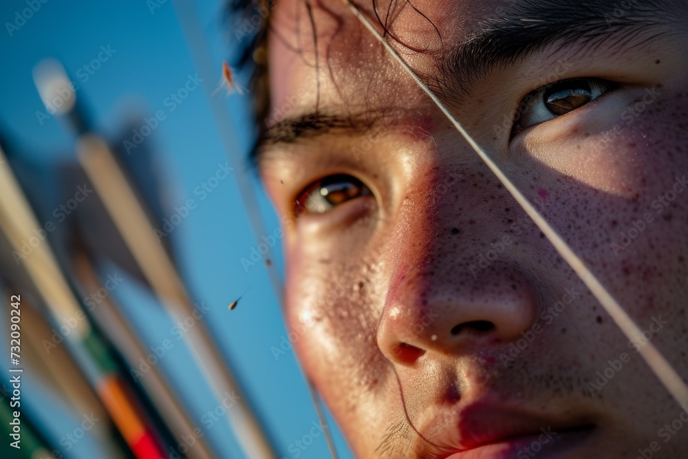 Intense gaze of a man, captivated by the delicate details of a fly ...