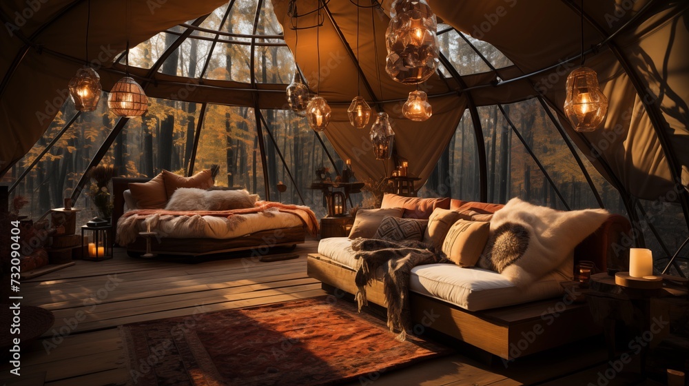 A bohemian yurt with a canopy bed, a Moroccan pouf, a kilim rug, and a ...