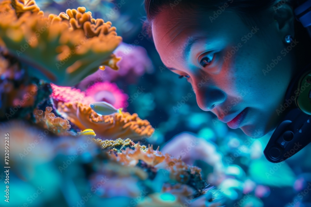 A mesmerizing human face gazes at the diverse and vibrant coelenterates ...