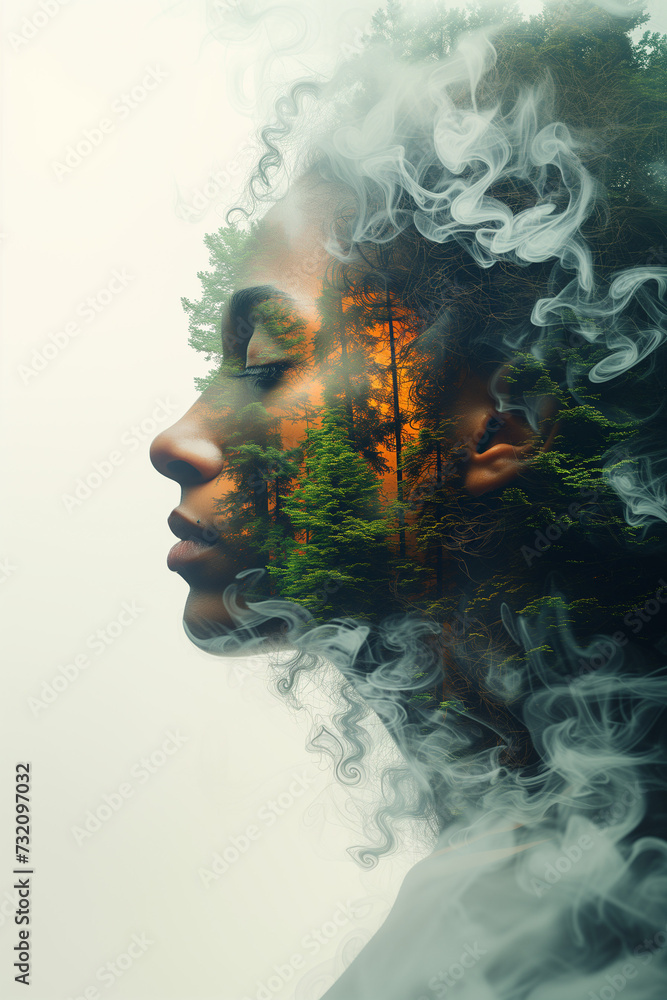 Double exposure portrait of woman blended with nature, fire forest ...
