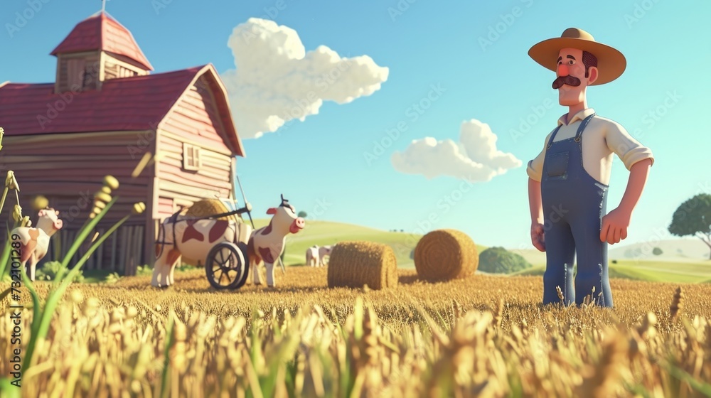 Cartoon digital avatar of a Farmer in a Field with a hay baler and a ...