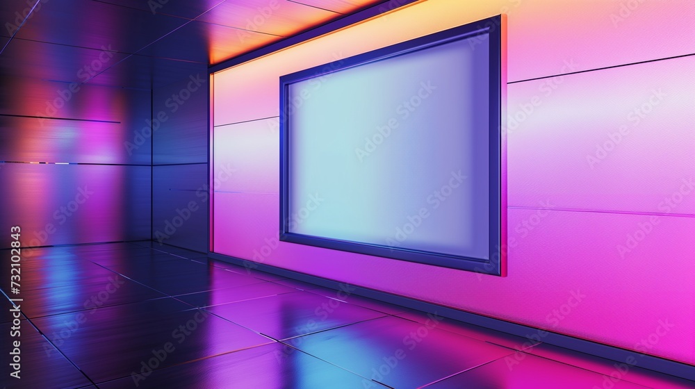 A futuristic TV hall featuring an empty canvas frame on a metallic wall ...