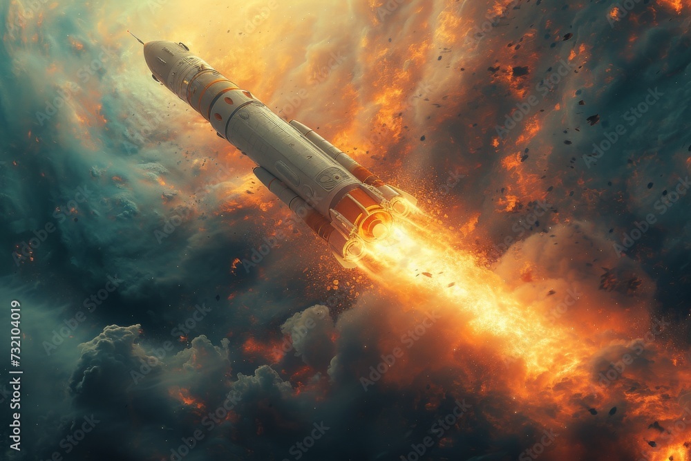 A fiery rocket pierces through the vast expanse of the universe ...