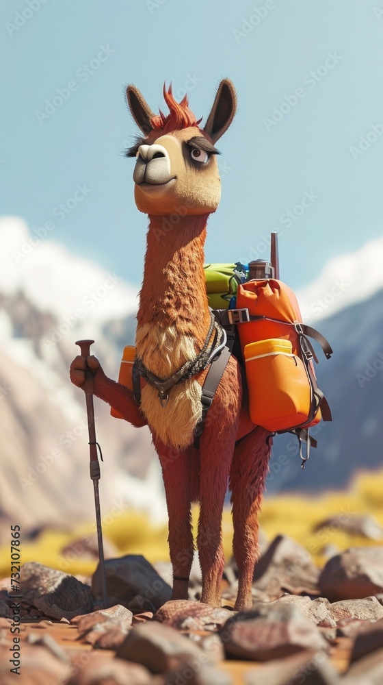 Cartoon digital avatar of Hiking Hector, the strong and sy llama ...