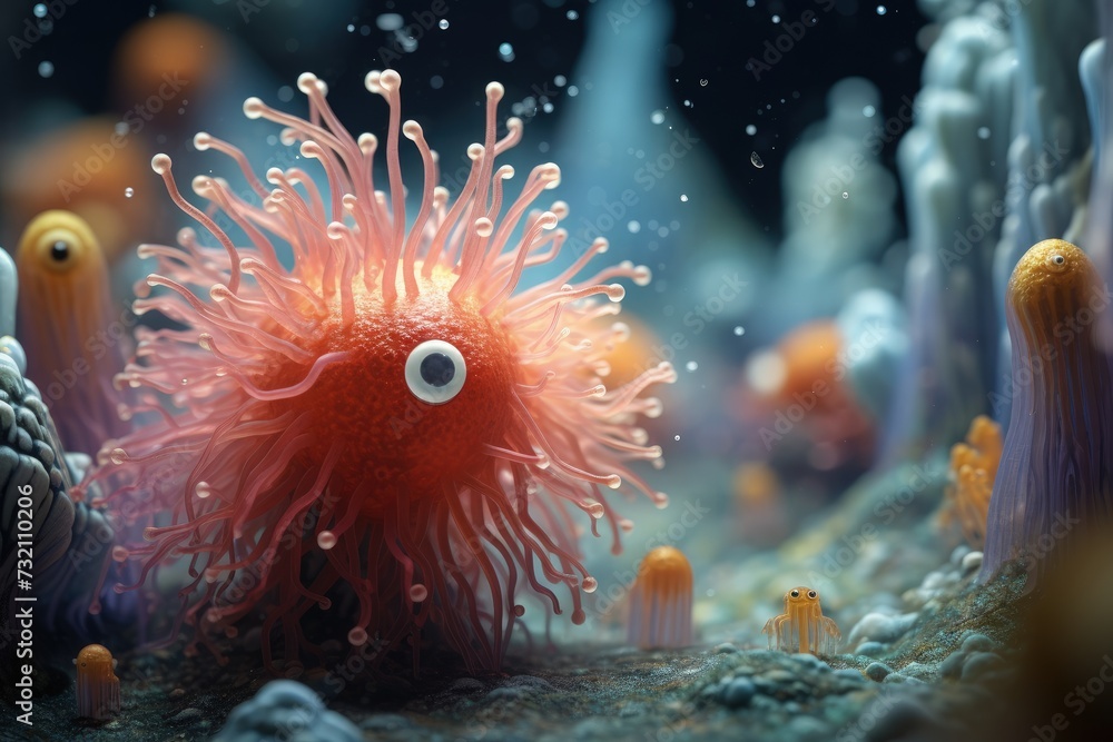 In the microscopic realm, a vibrant microbe dances, form intricate ...