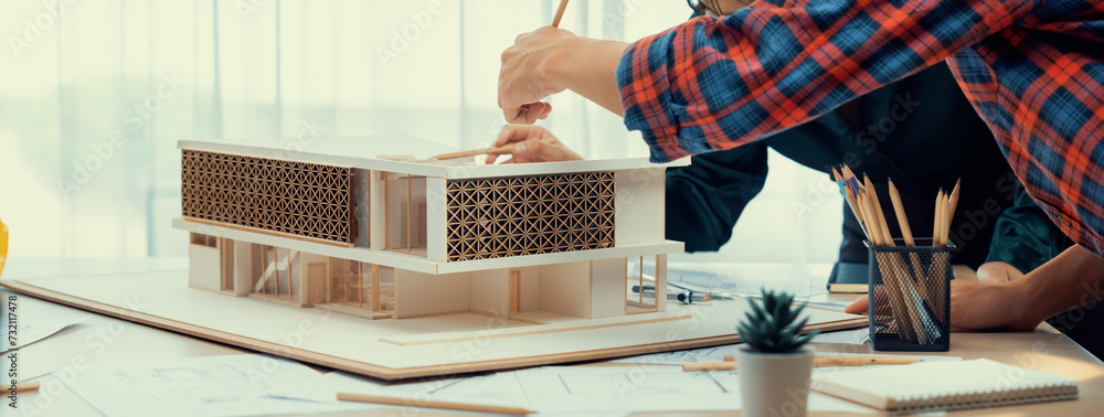 Architect engineer team discussion about house construction. Interior ...