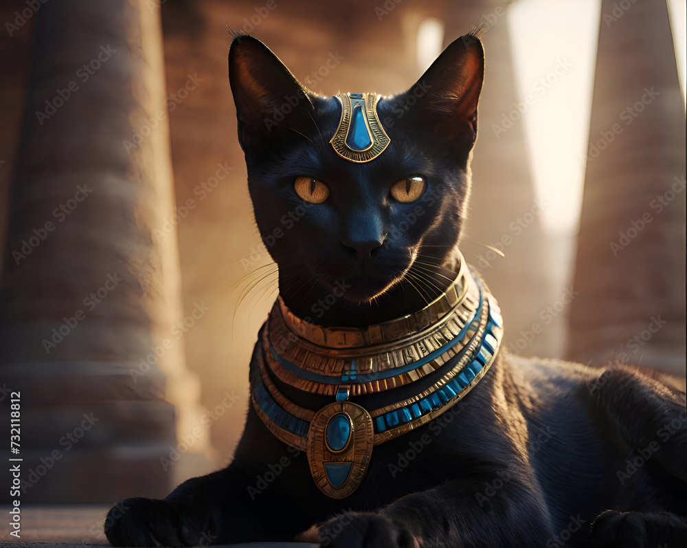 beautiful black Bastet cat in traditional jewelry laying against ...