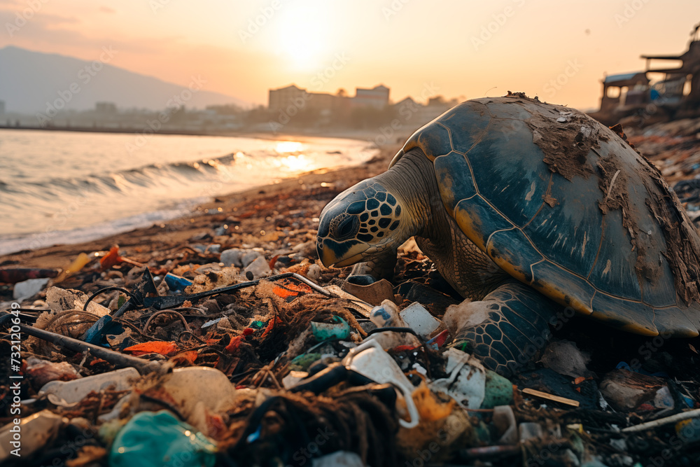 sad sea turtle on a beach littered with garbage and human waste ...