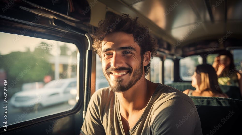 Photograph of a smiling man sitting in a train/bus. Man traveling with ...