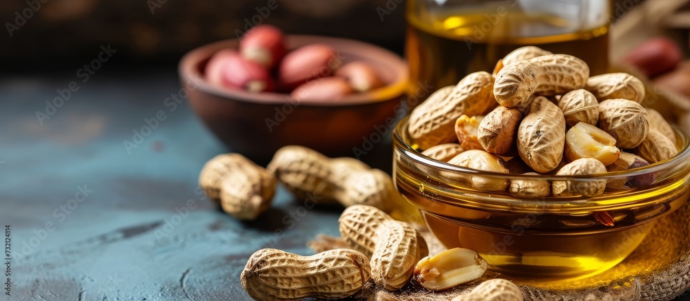 A jar of peanut oil, a plant-based ingredient commonly used in cuisine ...