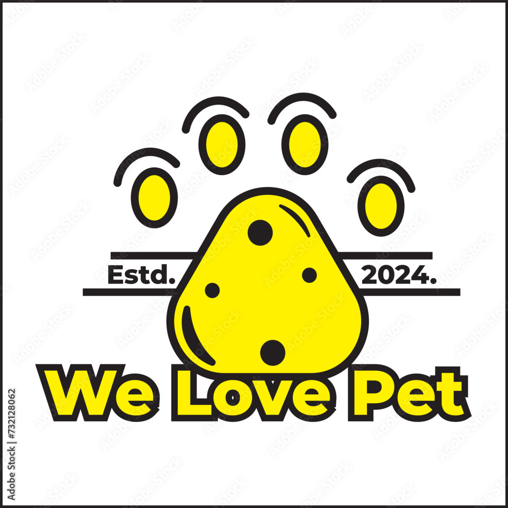 we love pets logo illustration vector design with animal paw print and ...
