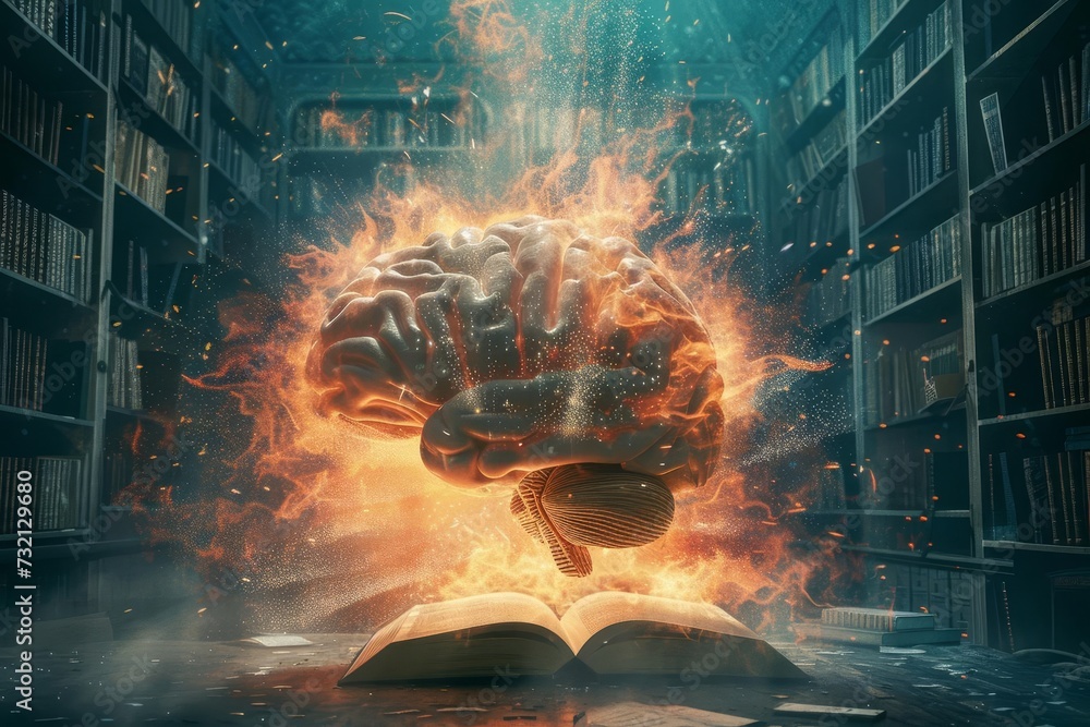 Concept art depicting a human brain exploding with knowledge and ...