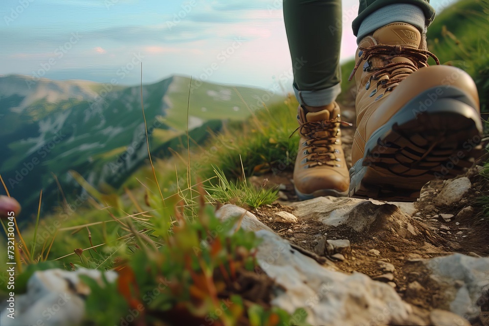 Hiker ascending a mountain trail Focusing on the rugged terrain and the ...