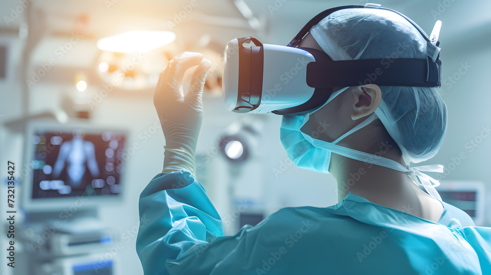 A doctor using a virtual reality headset to perform surgery, showing ...