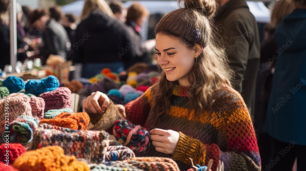 Scenes of a knitting artist proudly showcasing handmade wearables at a ...
