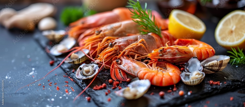 The table is filled with a variety of seafood dishes featuring ...