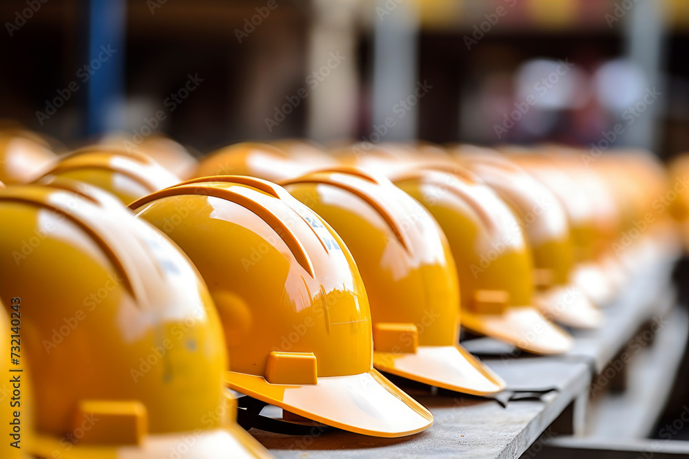 Many yellow hardhat helmet on row in construction site. Banner ...