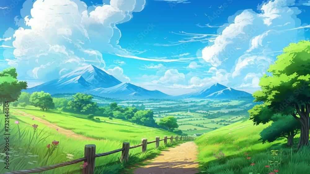 Animated illustration of a valley view with wide grass and beautiful ...