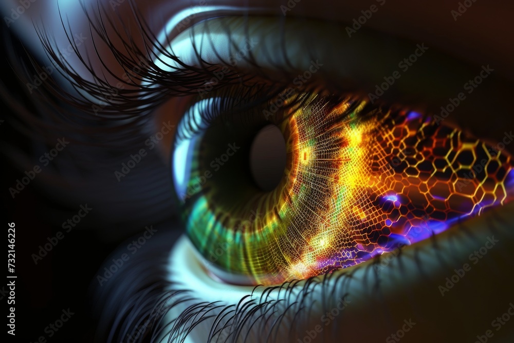 Human Cyborg AI Eye optic neuropathy. Eye refraction test optic nerve ...
