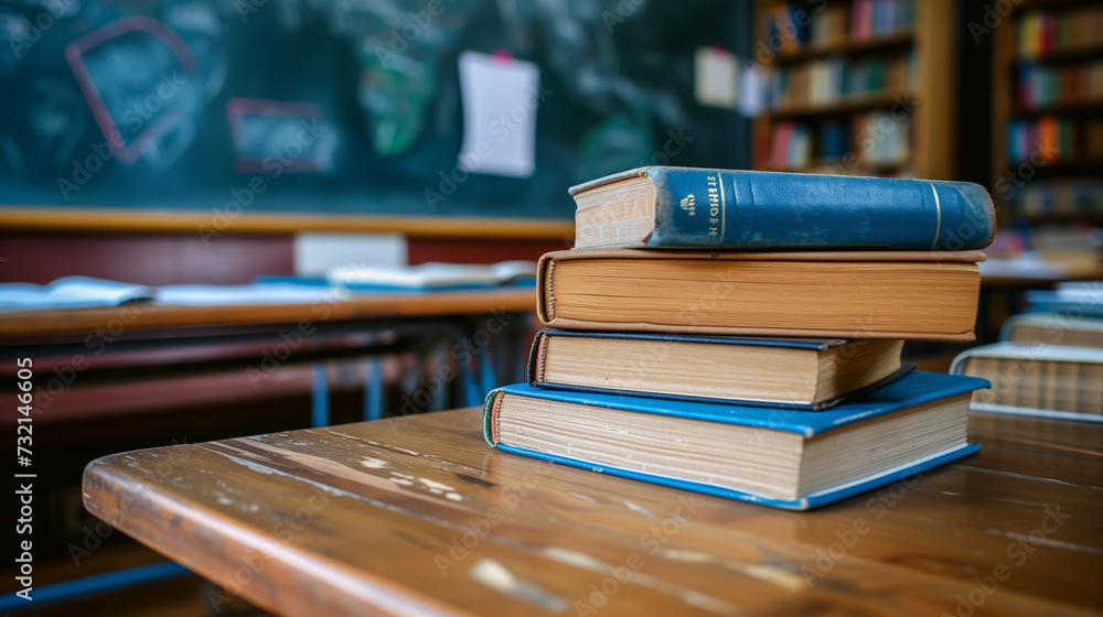Books stack on school desk and chalkboard in classroom on background ...